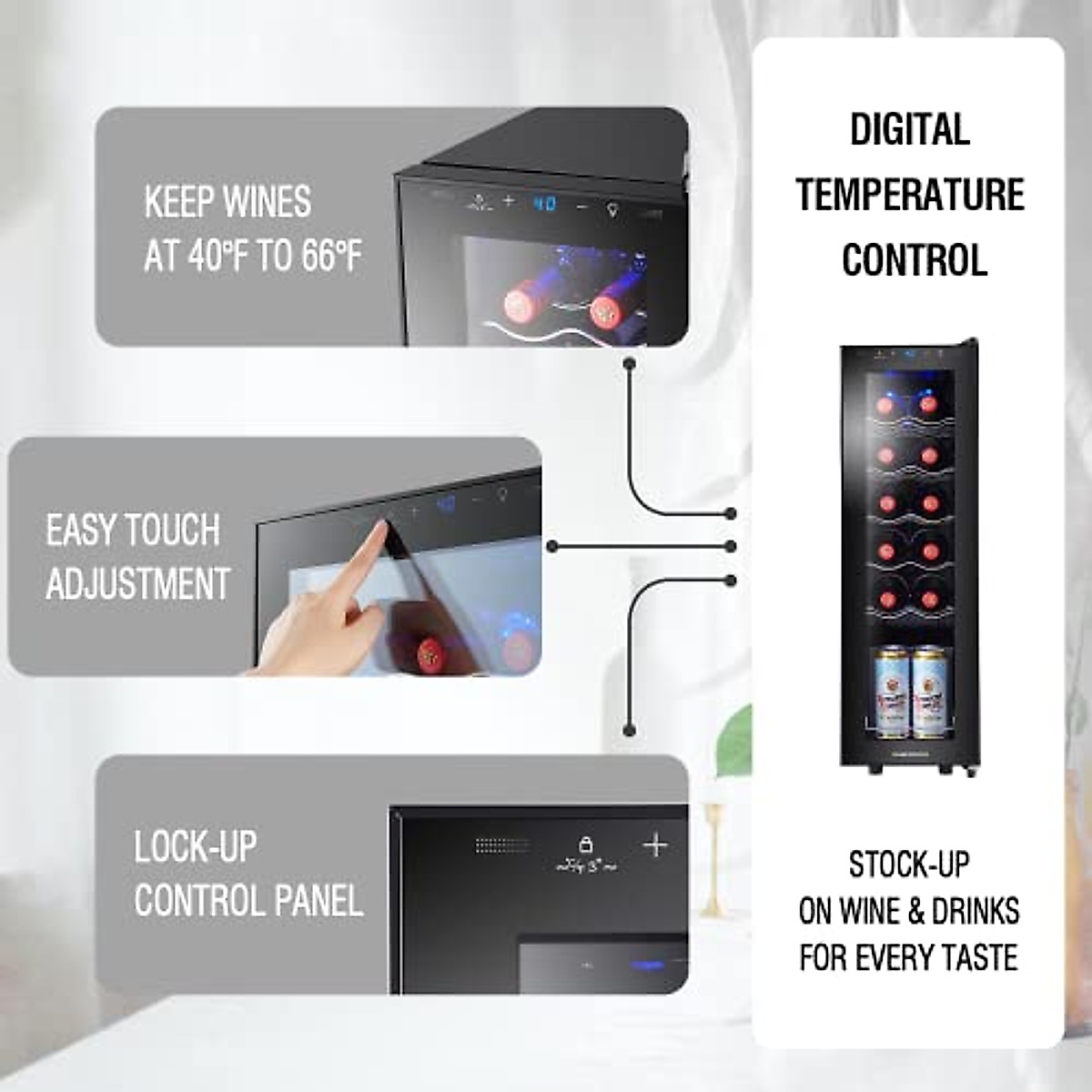 Phiestina Wine Cooler, Freestanding Wine Fridge Holds 12 Bottles, Small Wine Refrigerator for Home Bar with Digital Temperature Control, Glass Front Doors and Interior Lighting