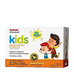 GNC Milestones Kids Probiotic Fast Stix for Kids 4-12 - Banana Vanilla, 30 Packets, Supports Digestive Health with 12.5 Billion CFUs