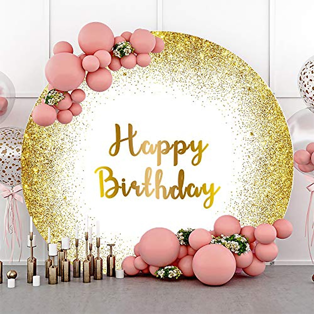 Leowefowa Luxurious Golden Birthday Round Backdrop Cover 6.5x6.5ft Gold Glittering Arch Background Stand Cover for Photography Men Women Birthday Party Banner Supplies Polyester Photo Booth Props