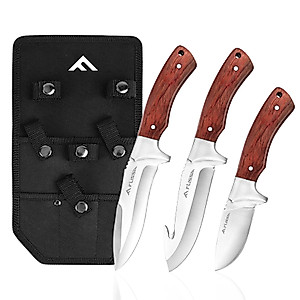 FLISSA Hunting Knife Set, Full Tang Hunting Knife with Sheath, 3-Pieces Fixed Blade Knife, Hunting Survival Knives For Outdoor, Camping, Bushcraft