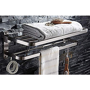 ELLO&ALLO Stainless Steel Towel Racks for Bathroom Shelf Double Towel Bar Holder with Hooks Wall Mounted Multifunctional Foldable Brushed Nickel
