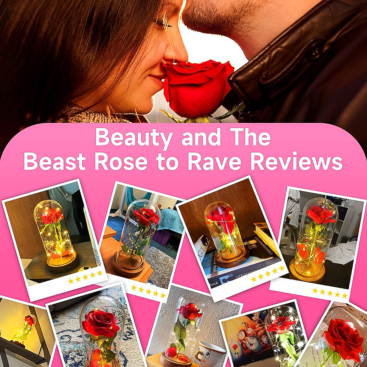 Refresh 2023 Beauty and The Beast Rose, Enchanted Red Silk Rose in Glass Dome with LED Light Romantic Rose Kit for Best Gifts Valentine's Day& Girlfriend& Wedding Anniversary& Birthday.