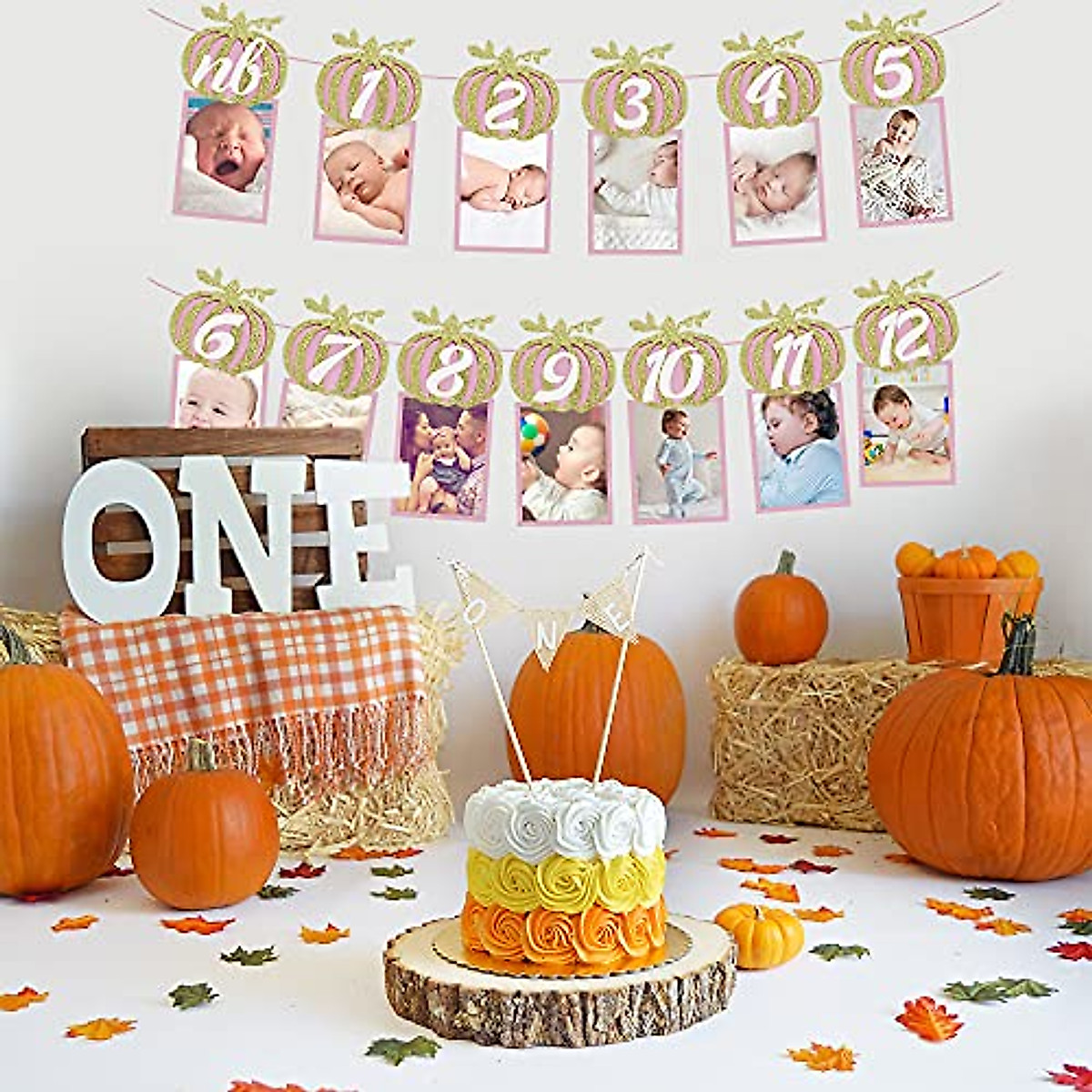 Pumpkin 1st Birthday Photo Banner, Glitter Pumpkin Bnaner Newborn to 12 Month Photo Display for Pumpkin Baby Shower Fall First Birthday Party Decor