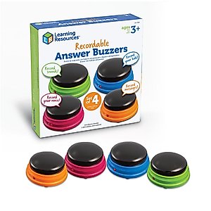 Learning Resources Recordable Answer Buzzers - Set of 4, Ages 3+ | Pre-K Personalized Sound Buzzers, Recordable Buttons, Game Show Buzzers, Perfect for Family Game and Trivia Nights
