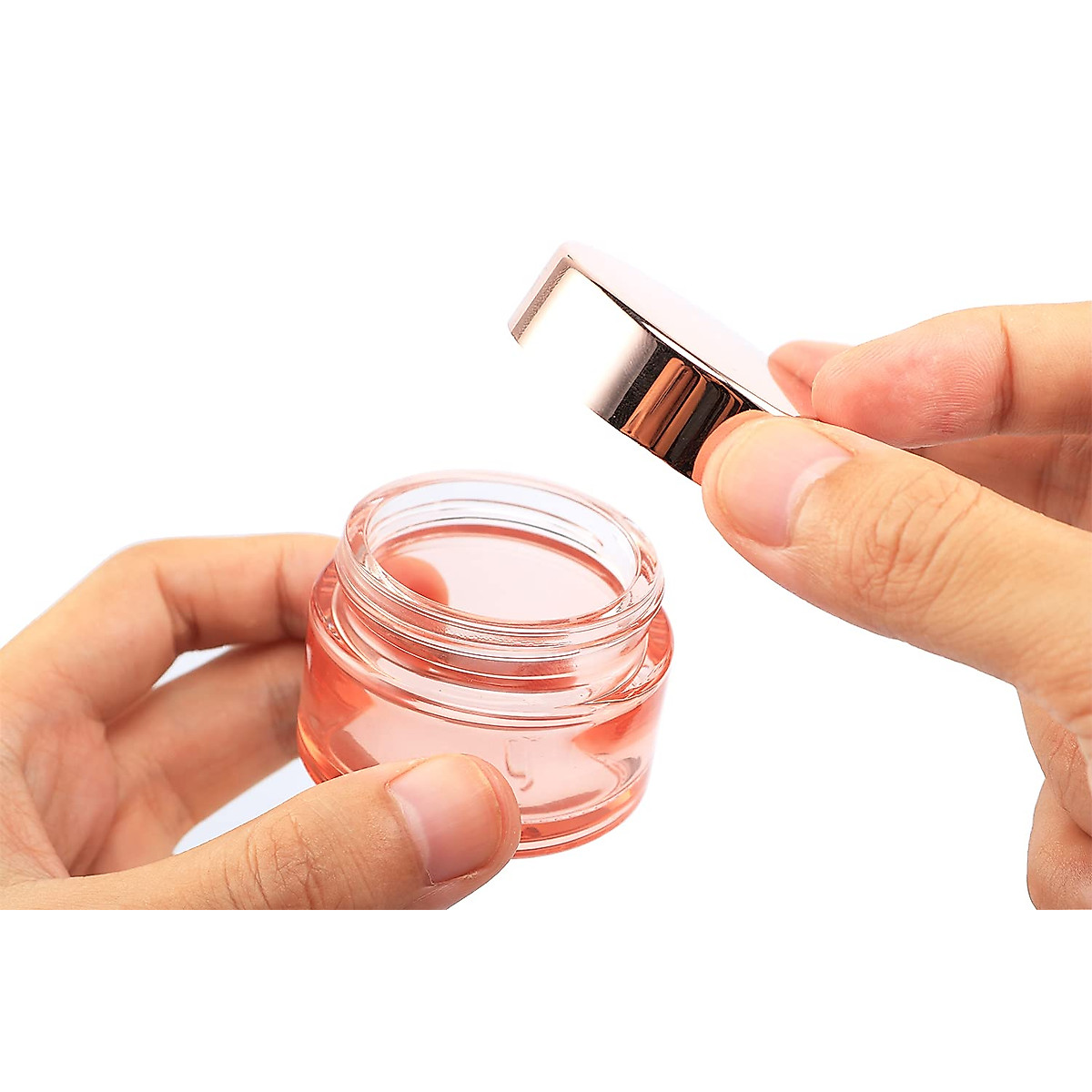 Furnido 4 Pack,1 oz/30ml Pink Glass Face Cream Jar Pot,Empty Thick Glass Cosmetic Cream Jar Container With Rose-Golden Cover,Inner Liners for Moisturizer,Eyeshadow,Makeup Emulsion