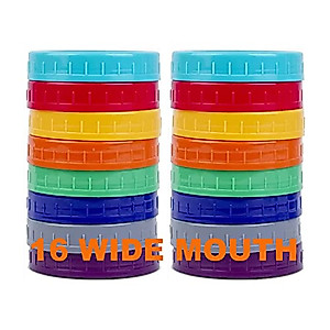 Mason Jar Lids - Compatible with Ball, Kerr, and Other Brands - Vibrant Colored Plastic Caps for Canning and Storage Jars - Airtight and Spill-Proof - Pack of 16 (Wide Mouth - 3.38in)