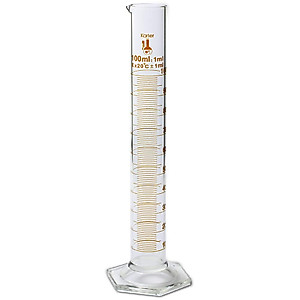 100ml Graduated Cylinder, Borosilicate 3.3 Glass, Single Metric Scale, Class B, Karter Scientific 213I12 (Single)