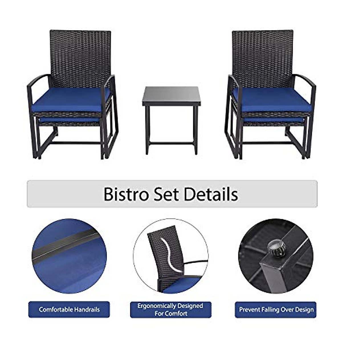 5-Piece Wicker Outdoor Conversation Sets Patio Furniture PE Rattan All Weather Cushioned Chairs Bistro Set with Ottoman and Glass Coffee Side Table for Balcony Porch, Dark Blue
