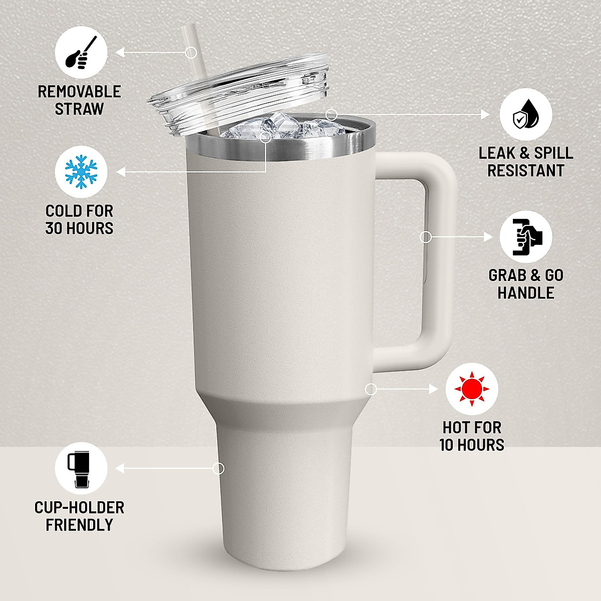 Crave Cups 40oz Tumbler with Lid and Straw l Reusable Spill Proof Double Wall Insulated Stainless Steel Water Bottle Travel Mug l Cupholder Friendly Vacuum Sealed Tumbler with Handle (Birch)