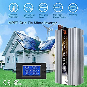 MarsRock 1000W 12V Wind 18V Grid Tie Pure Sine Wave MPPT Solar Power Inverter DC 10.5V-30V AC 110V 120V Workable for USA Selectable Blue Gold Silver Colors (110V Silver)