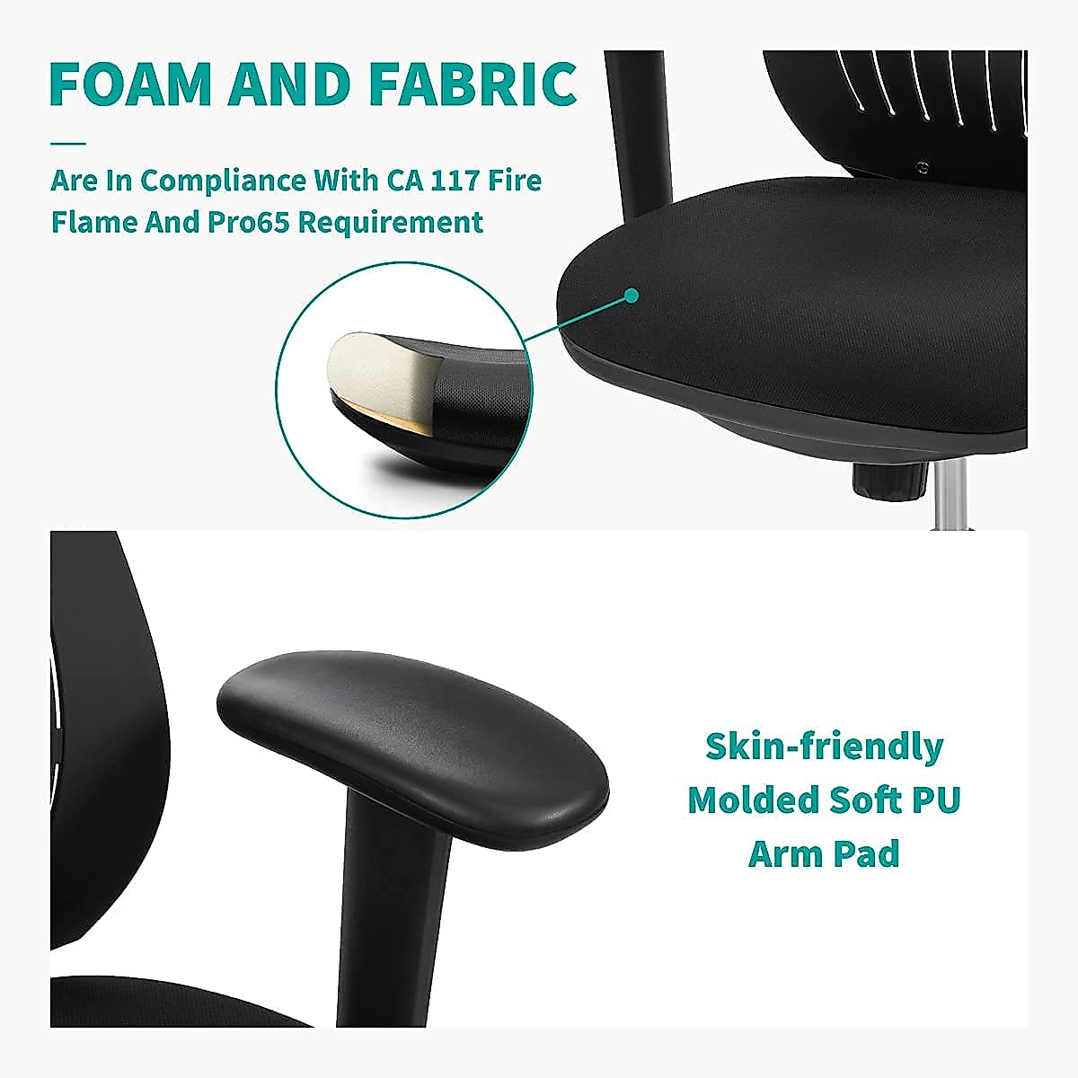 Ergonomic Office Chair, Home Office Work Chairs with Lumbar Support and Adjustable Arms, Swivel Computer Task Chairs with PA Wheels, Removable and Washable Fabric Backrest Cover, Tilt Function Chairs