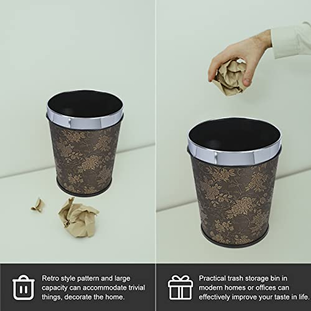 Retro Style Decorative Trash Can, 10L Capacity Waste Paper Basket with Pressing Ring, Flower Print Paper Bucket, Garbage Can Waste Basket Home Office Multi- Function Waste Bin