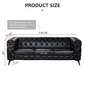 Chesterfield Sofa, Modern Faux Leather Button Tufted Accent Couch with Square Arms and Metal Legs for Living Room, Bedroom, Office, Apartment (Black)