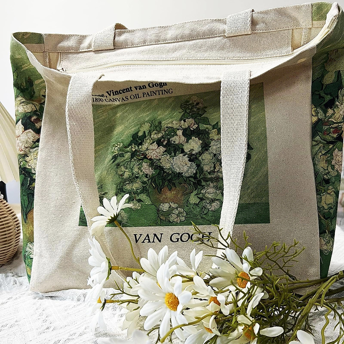 BROADREAM CanvasAesthetic - Zippered Tote Bag with Interior Pocket by Shoulder for Women Shopping