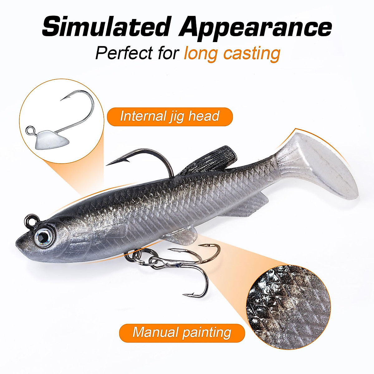 Goture Soft Fishing Lures jig Heads, Saltwater Freshwater Minnow Fishing Bait T Tail with jig Head, Fishing Lure Swim Shad Baits for Bass Fishing 5Pack