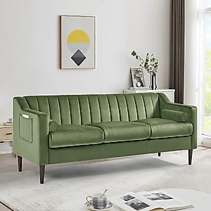 RIDFY Modern Velvet Chesterfield Sofa Couch, Large 3 Seats Love Seats Sofa Furniture, 76" Comfortable Upholstered Cofa with Wooden Frame and Wood Legs for Living Room/Bedroom/Office (Green)