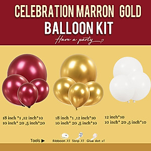 Maroon and Gold Balloon Garland Kit 132 pcs pearl Burgundy and White chrome Gold white Balloons for 2024 graduation Bridal Shower Birthday Party Decorations
