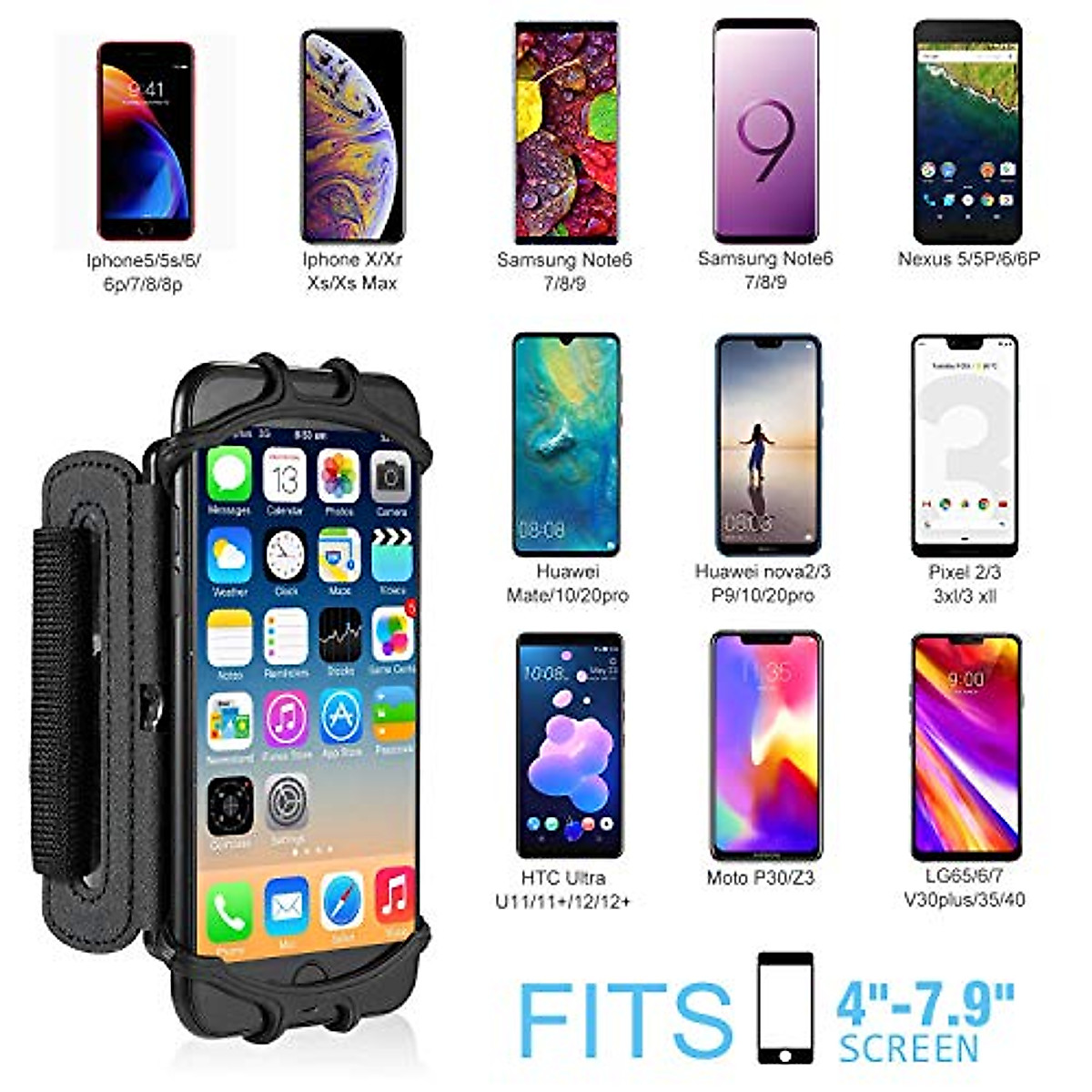 Newppon Phone Holder for Running Armband : Detachable Cell Phone Wristhband Case -360° Rotatable Universal Large Mobile Carrier Compatible with iPhone Samsung Galaxy for Workout Exercise Sports