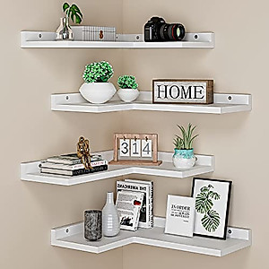 4 Tier Floating Corner Shelves White Set of 4, Rustic Pine Wooden Floating Corner Wall Shelf for Wall Décor Storage, L Shaped Corner Shelf Wall Mount for Bedroom, Living Room, Bathroom, Kitchen.