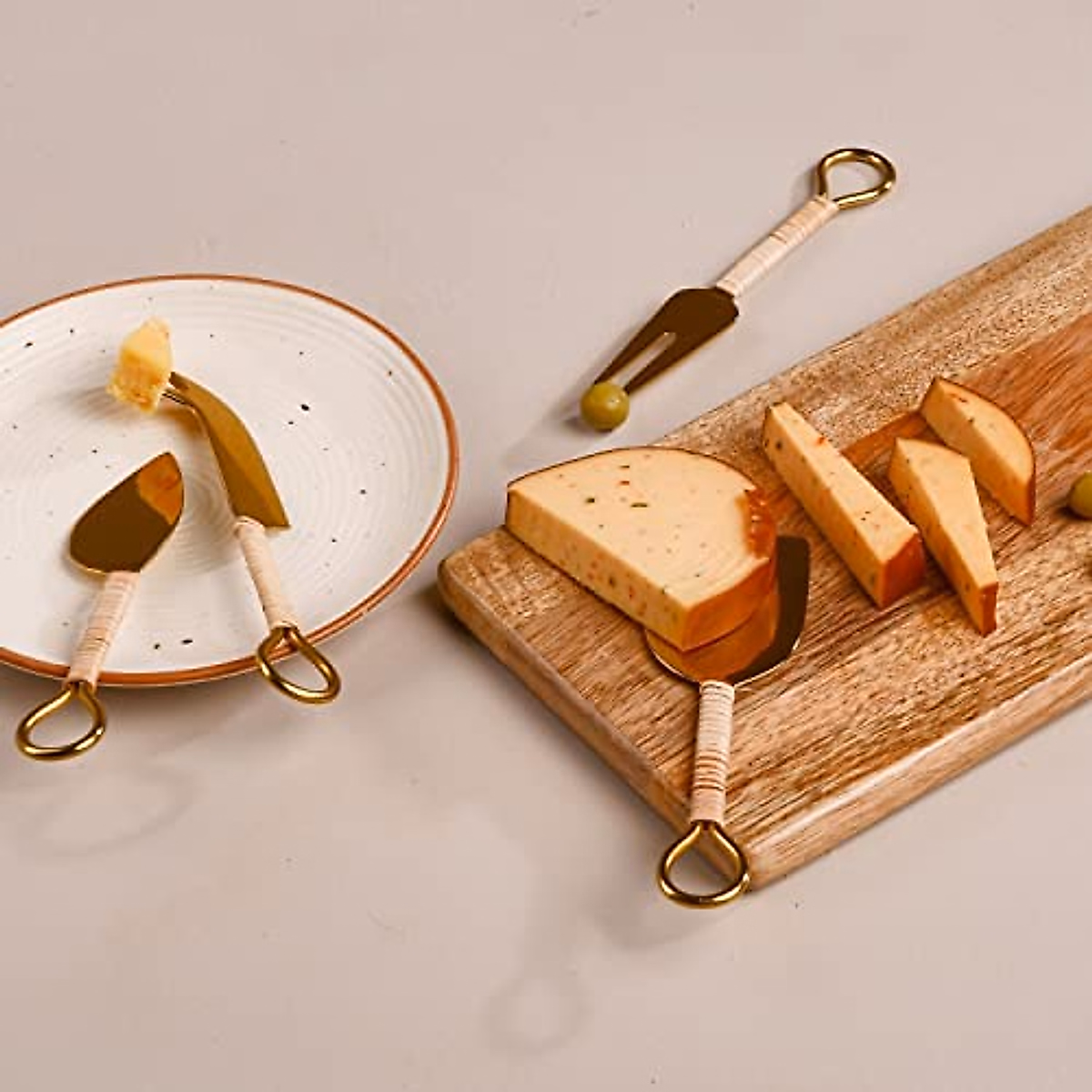 Folkulture Set of 4 Cheese Knife Set for Charcuterie Board, Gold Charcuterie Utensils or Accessories, Cheese Board Knives and Fork Set, Cheese Tools Collection for Christmas Gifts