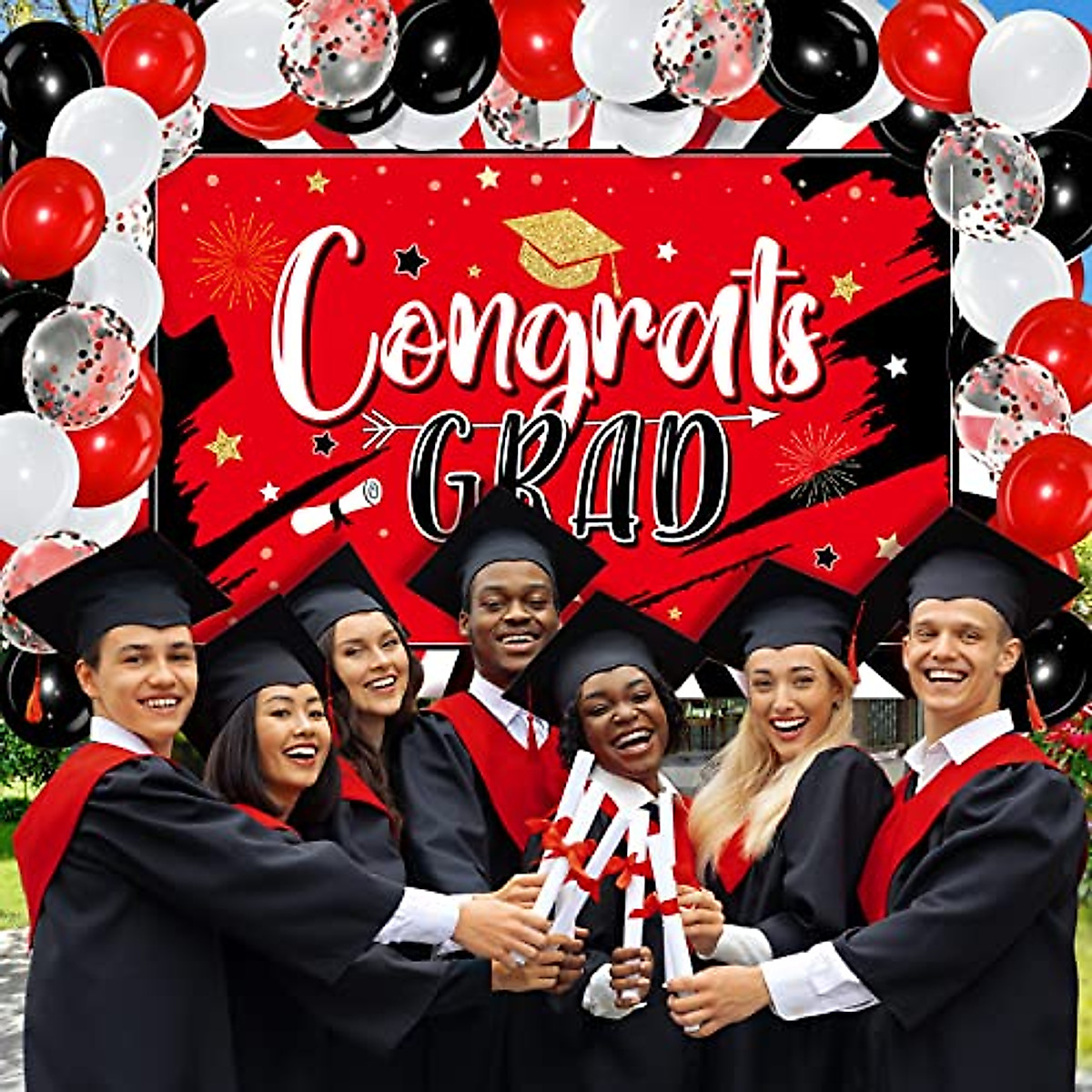 53 Pcs Graduation Decorations 2023 Congrats Grad Backdrop Banner Graduation Tablecloth Congrats Latex Balloons with Ribbons for University High School Graduation Party Supplies (Red and Black)