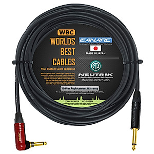 20 Foot – Canare GS-6 - Neutrik Gold Plated Silent Plug - Guitar Bass Instrument Cable - Straight to Angled 1/4 Inch Plugs - CUSTOM MADE By WORLDS BEST CABLES