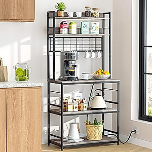 JAMFLY Kitchen Bakers Rack with Power Outlet, Coffee Bar Cabinet, Kitchen Racks with Storage Cabinet, 5-Tier Microwave Stand with 10 Hooks and Metal Wire Panel (31.5'', Gray)