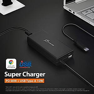 j5create USB Type C Super Charger PD 90W + USB Type A 10W Fast Charging for Chromebook, Laptop, MacBook Pro 13” (JUP2290C)
