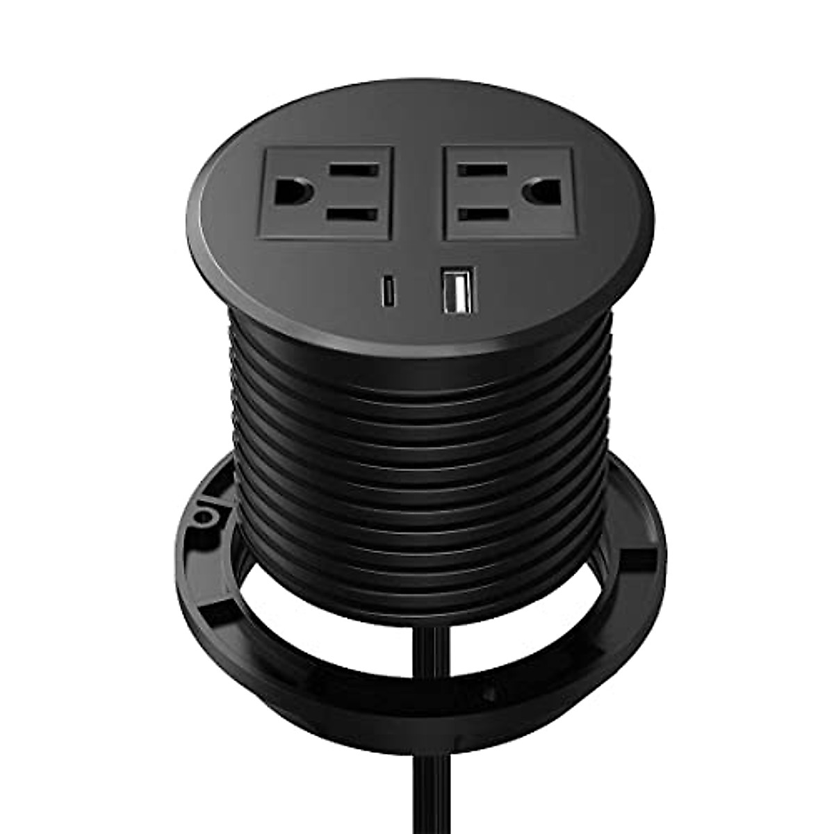 Desk Power Grommet, Haylink Desk Hole Grommet with USB-C, 3.15 Inch(80mm) 2 Plugs Recessed Power Outlet Connect 6.56ft Extension Cord, Black