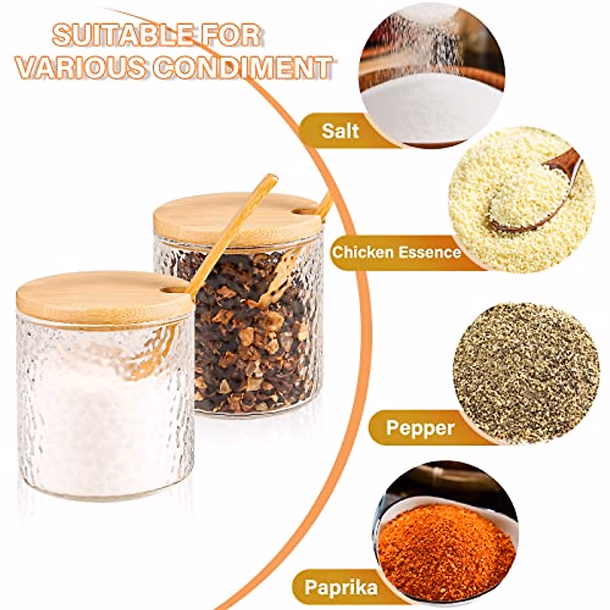 DI QIU REN 2Pack Condiment Canister Pot, Glass Spice Salt Jar Salt Container with Lid & Spoon, 9.5Oz Clear Salt Bowl Salt Dispenser Sugar Dish for Home Kitchen Cafe Table Countertop