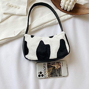 VALICLUD Shoulder Bag for Women Mini Furry Handbag Underarm Purse Cow Print Clutch Bag Faux Fur Purse