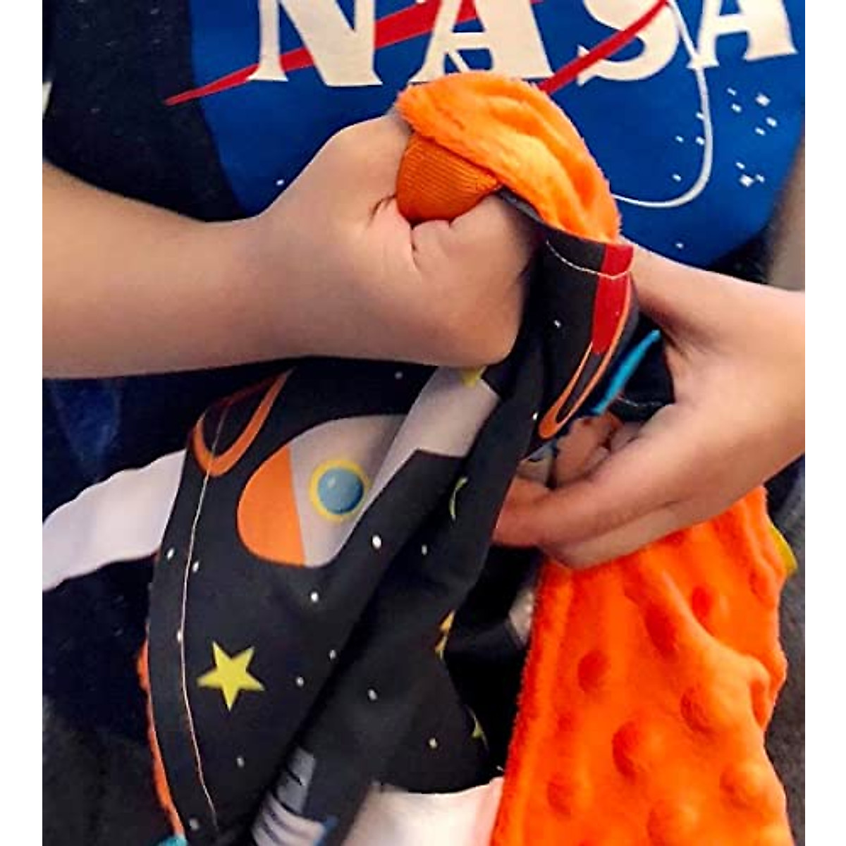 Baby Sensory, Security & Teething Closed Ribbon Tag Lovey Blanket with Minky Dot Fabric: 14X18 (Outer Space)