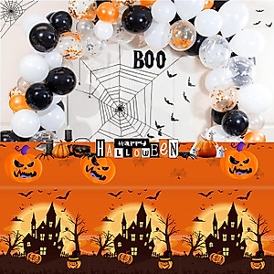 Kesfey 3 Packs Orange Halloween Tablecloth 54 x 108 Inches Scary Castle Ghost Pumpkin Table Cloth Disposable Waterproof Plastic Bat Spider Web Table Cover Trick or Treat for Halloween Party Dining