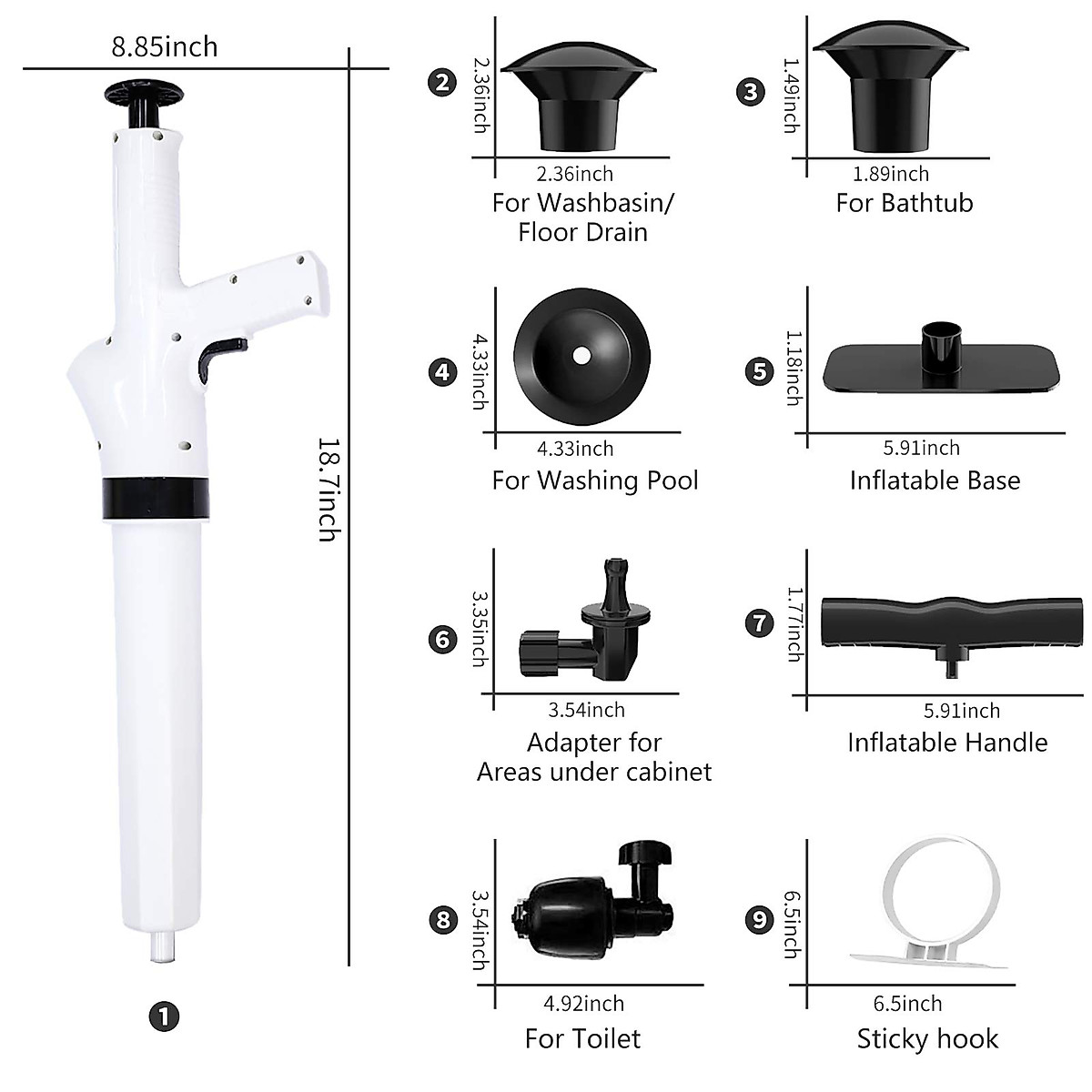 9 in 1 White Air Pressure Plunger Kits,Air Drain Blaster Gun Plunger High Pressure with 5 Heads,Detachable Assembly Sewer Toilet Kitchen Sink For Clogged Toilet and Kitchen Bathroom Tubs