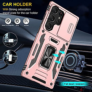 PASNEW Compatible with Samsung Galaxy S23 Ultra 5G Case - 6.8 inch, Shockproof, Anti-Fall, Slide Camera Lens Cover, 360° Rotating Ring Kickstand,Case for S23Ultra Dark Rose Gold