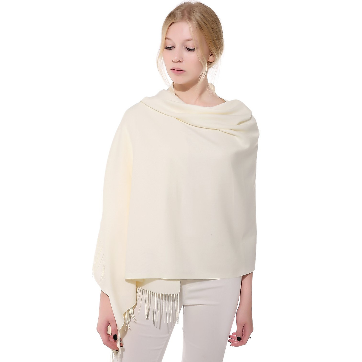 Anboor Super Soft Cashmere Blanket Scarf with Tassel Solid Color Warm Shawl for Women,White