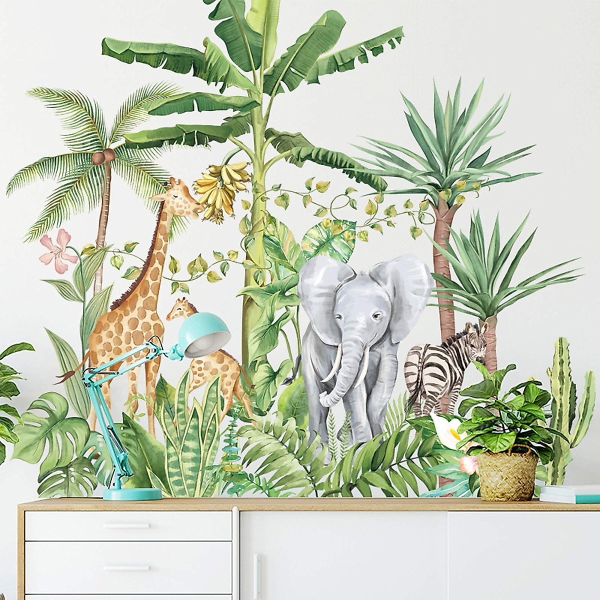Tropical Rainforest Animals Plants Wall Stickers, AUHOKY Removable Cartoon Elephant Giraffe Nordic Plant Wallpaper Decor, Peel and Stick Art Murals for Kids Bedroom Background Nursery Home Decorations