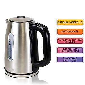 Kenmore 1.7L Cordless Electric Kettle w/ 6 Temperature Pre-Sets, Stainless Steel Teakettle w/LED light, Auto Shut-Off, Keep Warm, Boil-Dry Protection, Silver