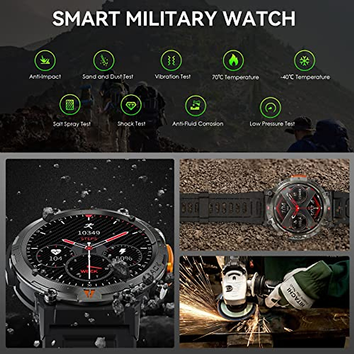 Military Smart Watch for Men (Call Receive/Dial) with LED Flashlight, 1.45" HD Outdoor Tactical Rugged Smartwatch, Sports Fitness Tracker Watch with Heart Rate Sleep Monitor for iPhone Android Phone