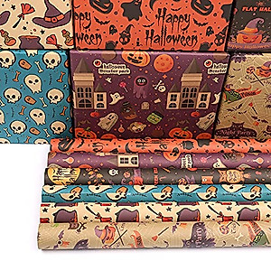 MAMUNU 12 Sheets Halloween Pattern Paper Set, 20×28In Kraft Favor Halloween Wrapping Paper with Sealing Stickers for Halloween Party Decoration DIY Crafting Art Projects