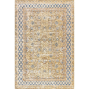 JONATHAN Y SMB107J-28 Madrid Vintage Filigree Textured Weave Indoor Outdoor Area-Rug, Classic Traditional Transitional Easy -Cleaning,Bedroom,Kitchen,Backyard,Patio,Non Shedding, Cream/Green, 2 X 8