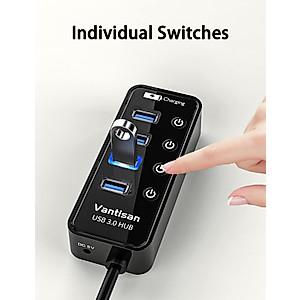 vantisan Powered USB 3.0 Hub, USB Extension 4-Port USB Hub Splitter (4 USB 3.0 Data Ports+1 Smart Charging Port) with 5V/3A Powered Adapter and Individual ON/Off Switches