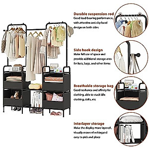 Laiensia Clothes Rack,3 Rods Portable Clothing Hanging Garment Rack,Coat and Shoe Rack with 4 Storage Shelves and 4 Storage Pockets,for Bedroom,Entryway,Living room,Black