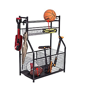 BirdRock Home Sports Equipment Ball Storage Rack for Garage - Baseball, Tennis, Football, Gym and Basketball Gear Organizer - Rack - Wide Bin Basket - 4 Hooks - Tools Garden Shovels Rack - Indoor