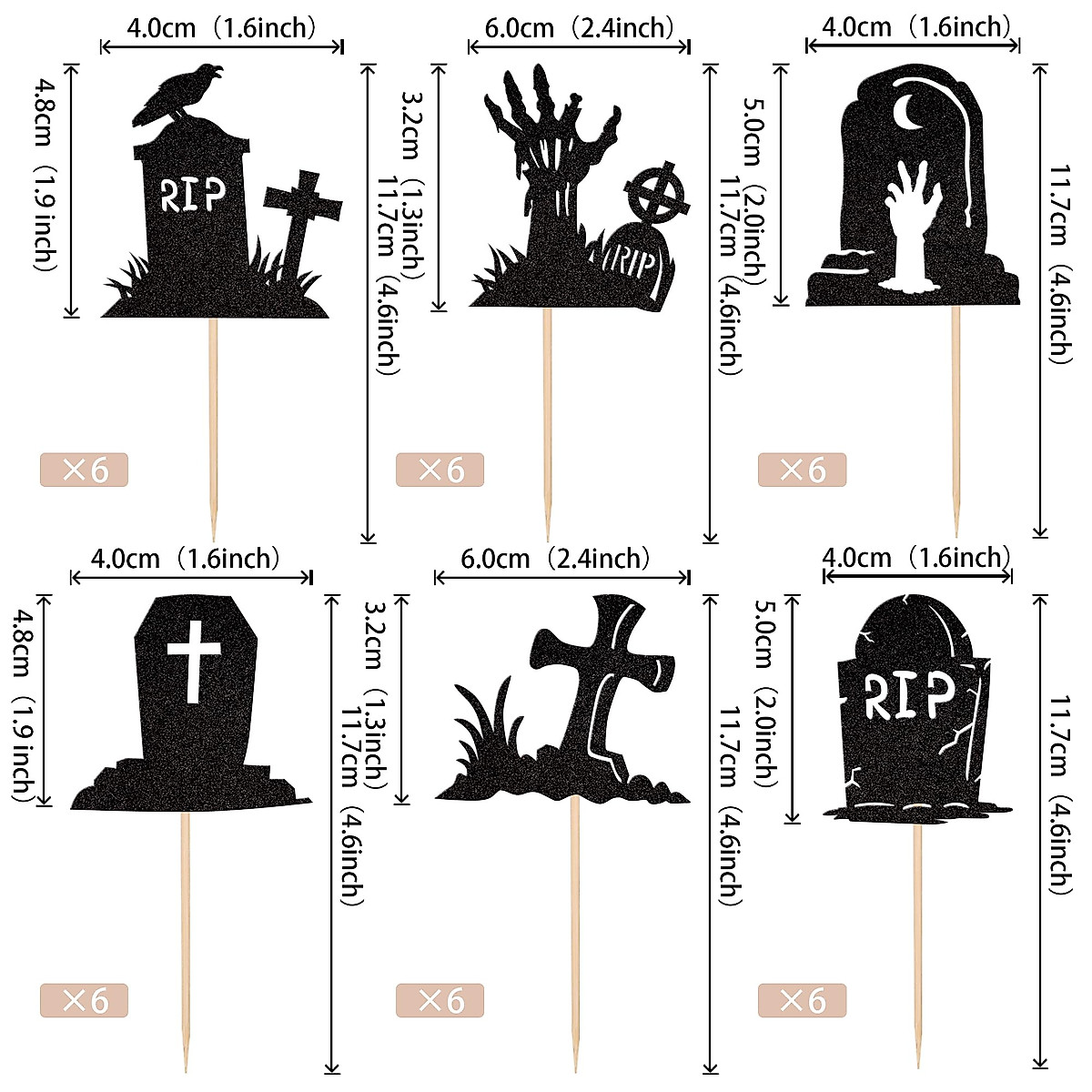 36 PCS Halloween Tombstone Cupcake Toppers Glitter RIP Cemetery Graves Zombie Cross Cupcake Picks for Halloween Theme Birthday Party Cake Decorations Supplies