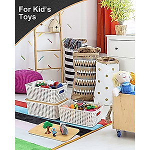 EOENVIVS Set of 6 Storage Baskets With Bamboo Lids, Plastic Storage Bins for Pantry Organization and Storage Containers for Shelves Drawers Desktop Closet Playroom Classroom Office Home, White