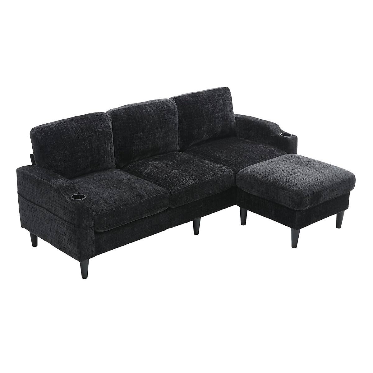 OUYESSIR 77.4" Chenille L Shaped Sectional Sofa Couch, 3 Seat Sofa with Convertible Storage Ottoman and 2 Cup Holders, Modern Deep Seat Couch for Living Room Office Apartment, Black