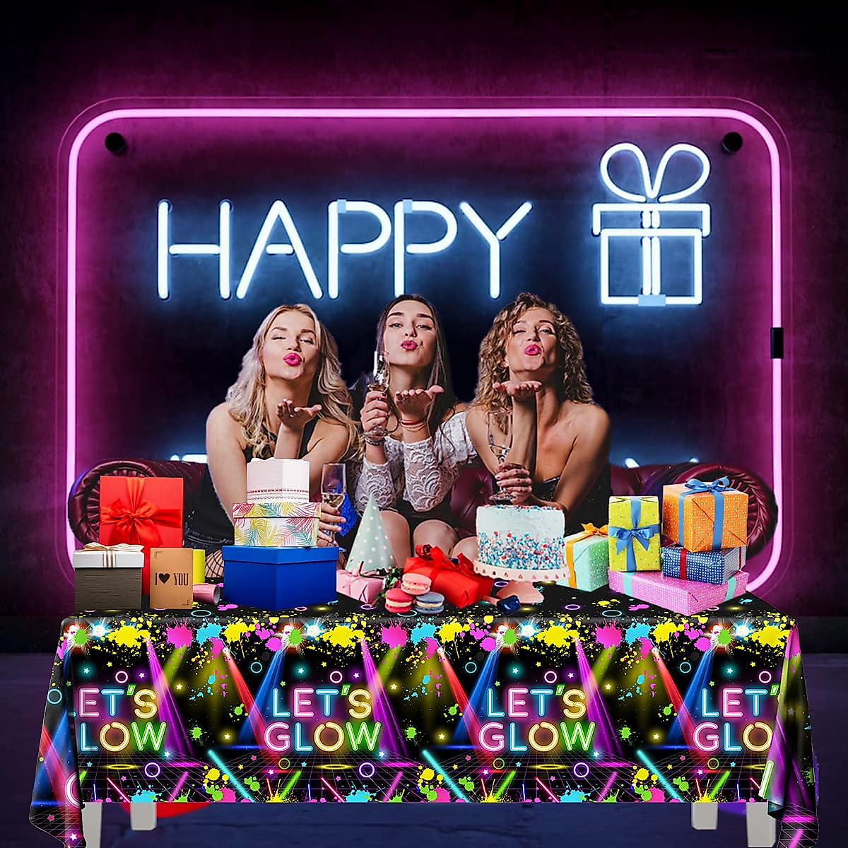 HAKOTI 3Pack Glow Tablecloth,Glow Party Supplies Neon Glow Birthday Rectangle Table Cover Let's Glow Tablecloth for Glow in The Dark,Let's Glow Party Decoration