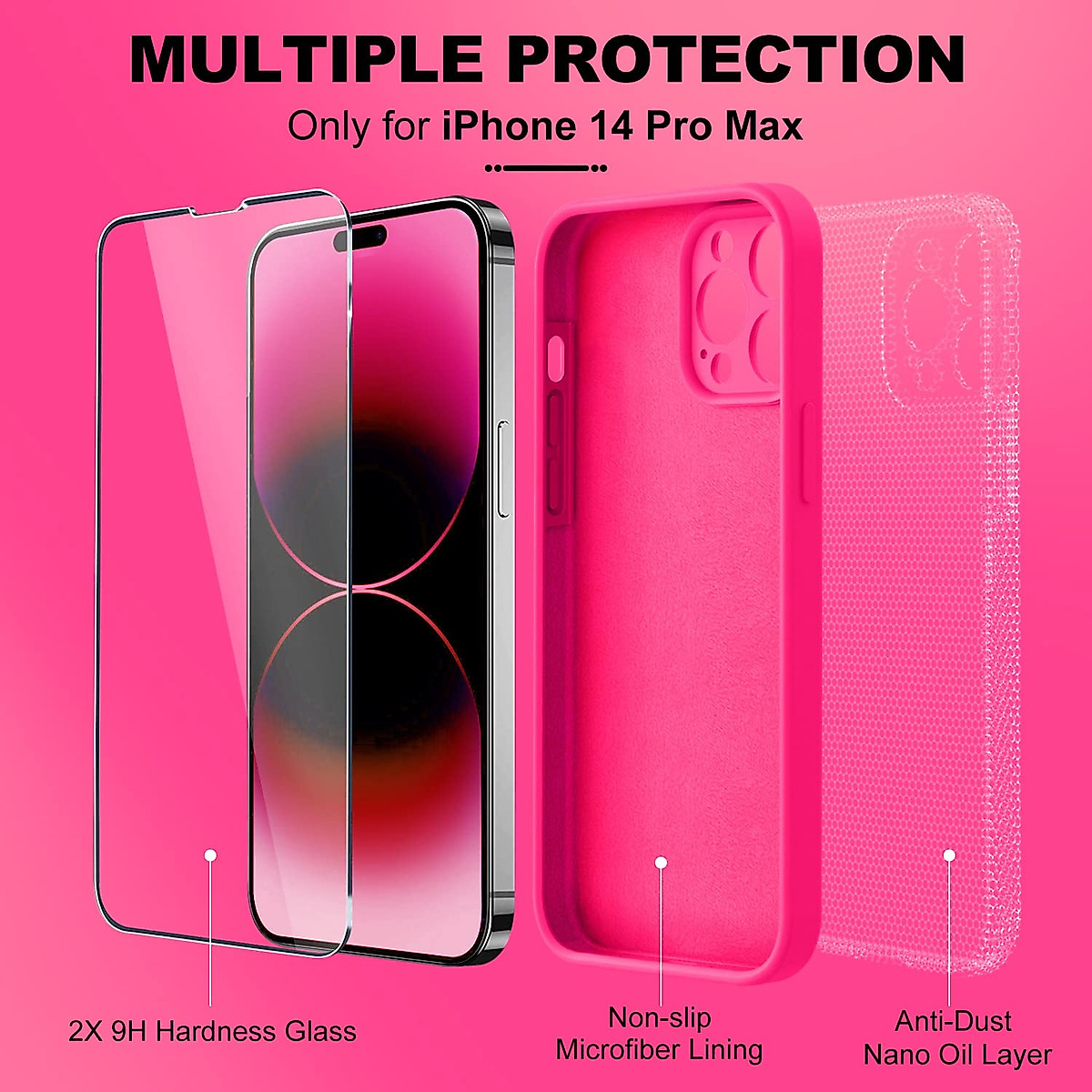 BossKiss Compatible with iPhone 14 Pro Max Case, Silicone Upgraded [Camera Protection] [2 Pcs 9H Screen Protector], Soft Anti-Scratch Microfiber Lining, 6.7 inch, Hot Pink