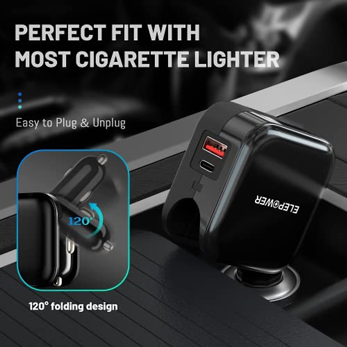 Car Charger, Elepower 2 in 1 Car and Wall Charger Dual Port USB & Type C Foldable Plug 25W Power Adapter for iPhone 14 13 12Pro Max/XR/ 8 7, iPad Pro 12.9 11 10.2/Air 4 /Mini, Galaxy GPS LG- Black